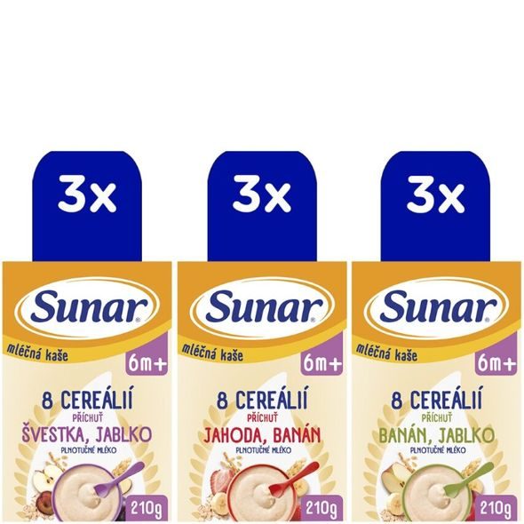 Sunar Mléčná kaše 8 cereálií mix příchutí 6m+ 6x210g - Sunar - Kaše ...