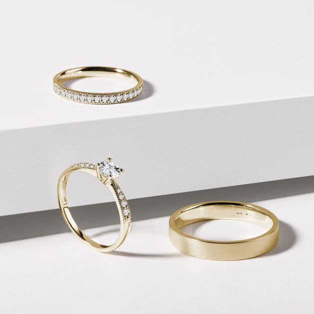 Yellow Gold Diamond and Satin Finish Wedding Ring Set | KLENOTA