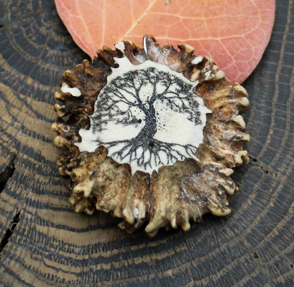 TREE OF LIFE, engraved antler pendant, scrimshaw Wulflund