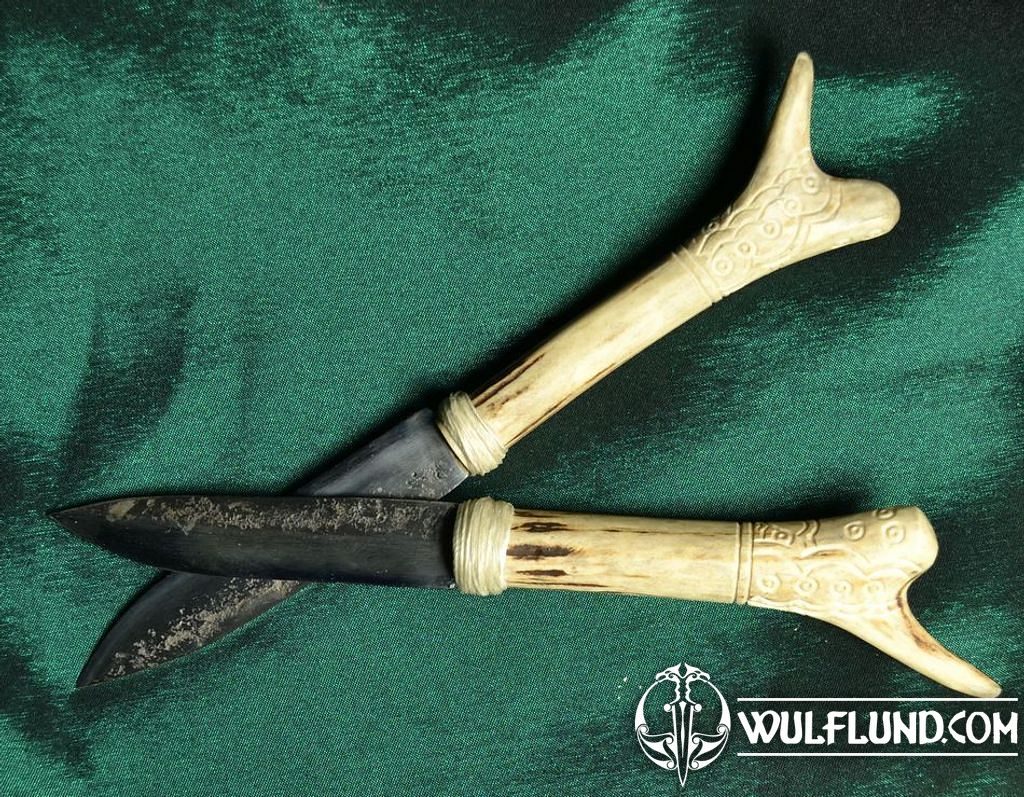 FORGED SLAVIC KNIFE, antler handle with carved Slavic ornaments ...