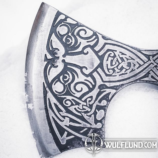 Axe of Perun, etched with leather Drakkaria Axes Weapons - Swords, Axes ...