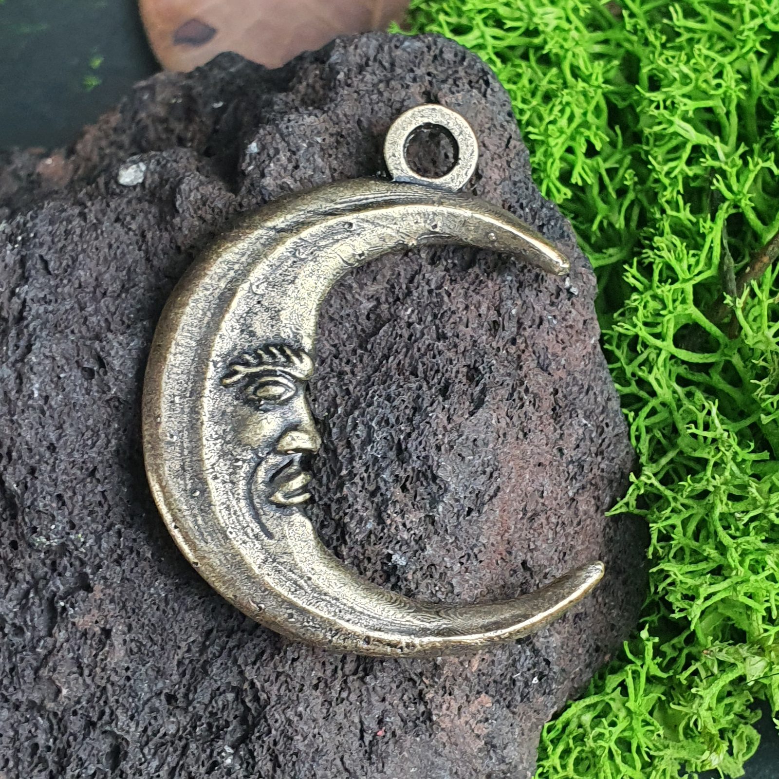 MOON with face, amulet, zinc, old brass Drakkaria All pendants, our ...