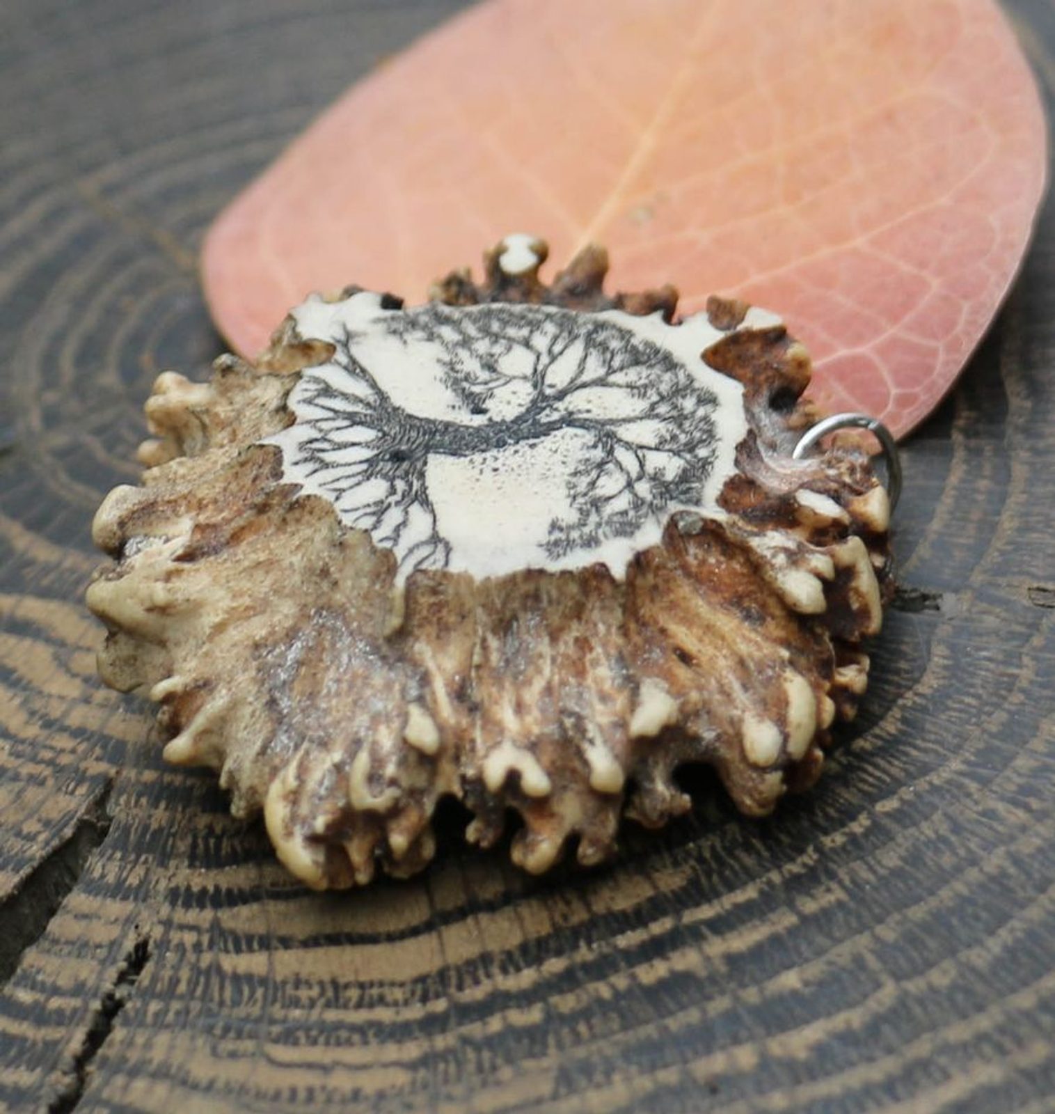 TREE OF LIFE, engraved antler pendant, scrimshaw Wulflund