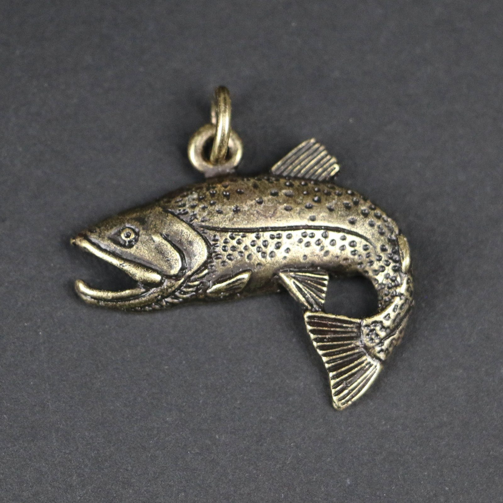 TROUT, fish, fishing pendant, zinc ant. brass Wulflund