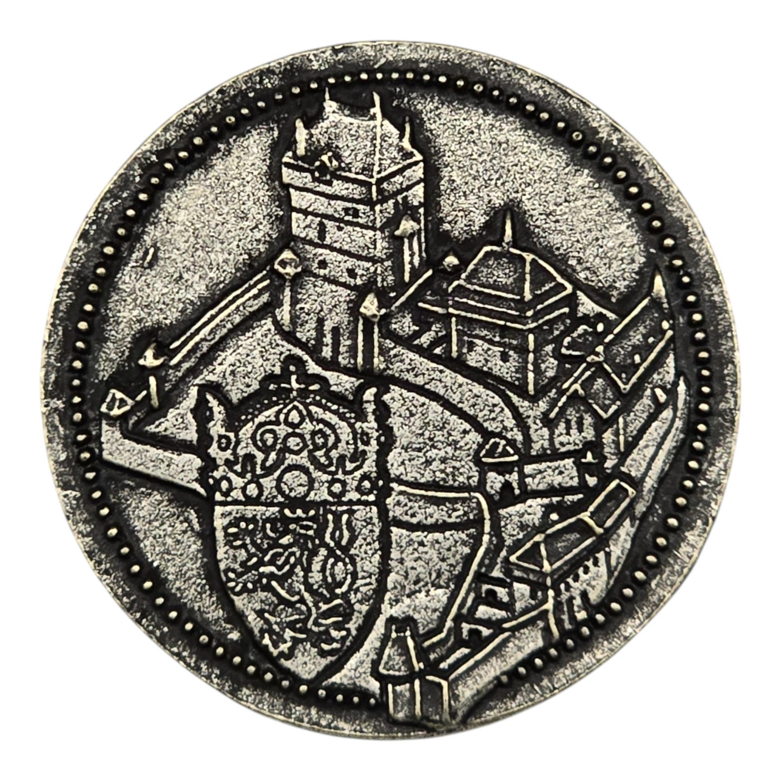 Karlstejn Castle and Czech Lion, coins - zinc, antique silver Wulflund