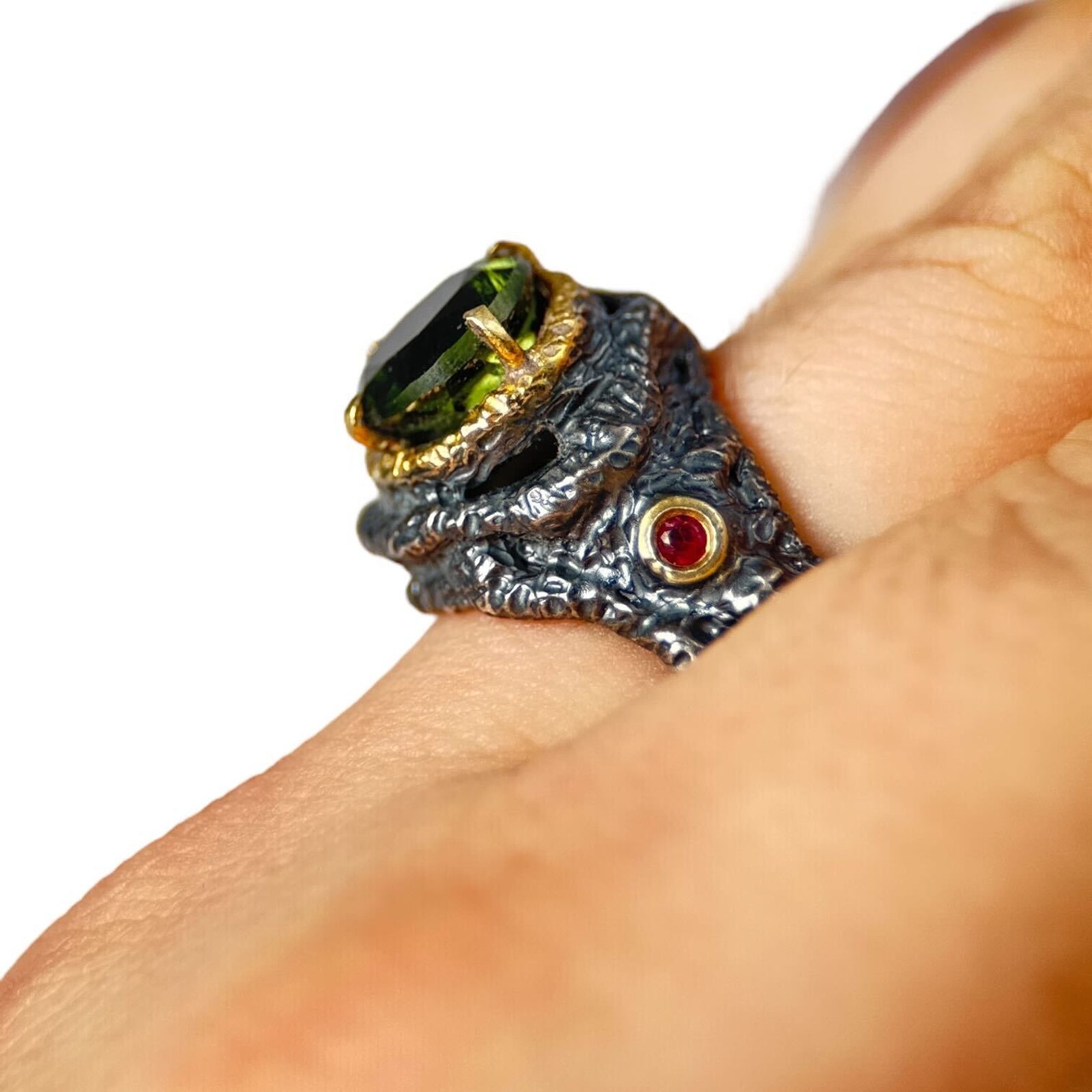 HERCINIA Silver Ring with Moldavite and Garnet, Ag 925/1000 Kanevsky ...