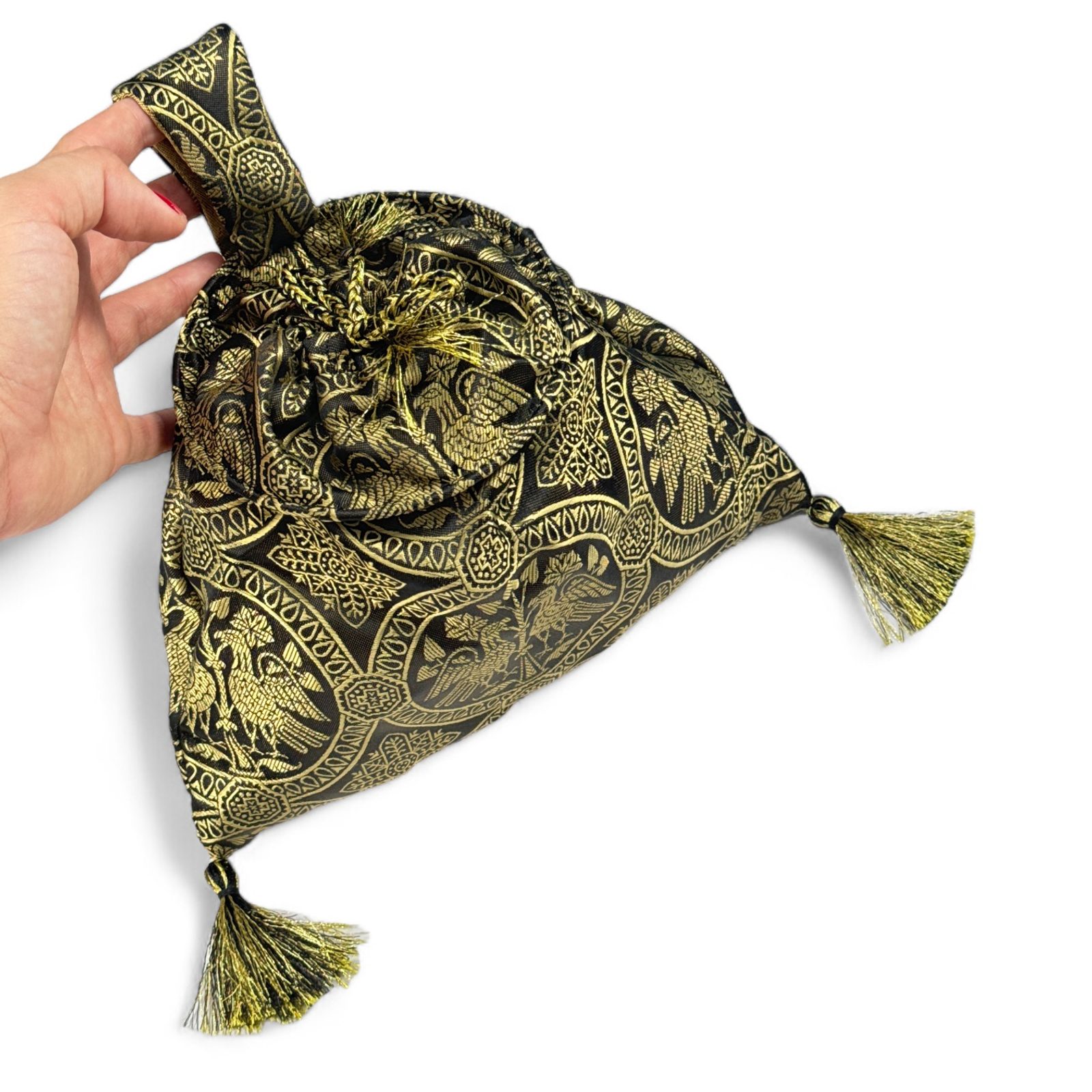 Medieval ladies' bag, 15th century, brocade, falcons Wulflund