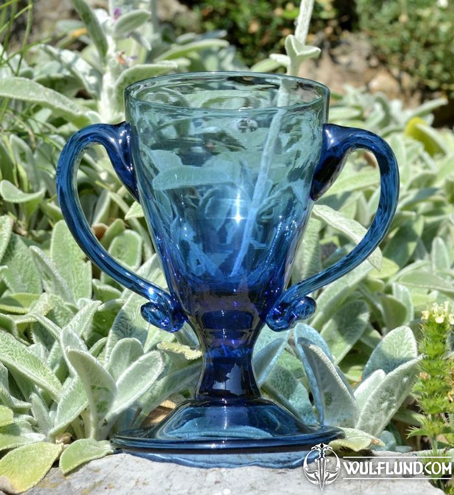 GLASS CHALICE, blue glass Milaglass historical glass Feasting Wulflund