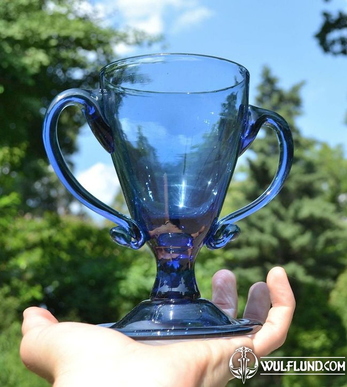 GLASS CHALICE, blue glass Milaglass historical glass Feasting Wulflund