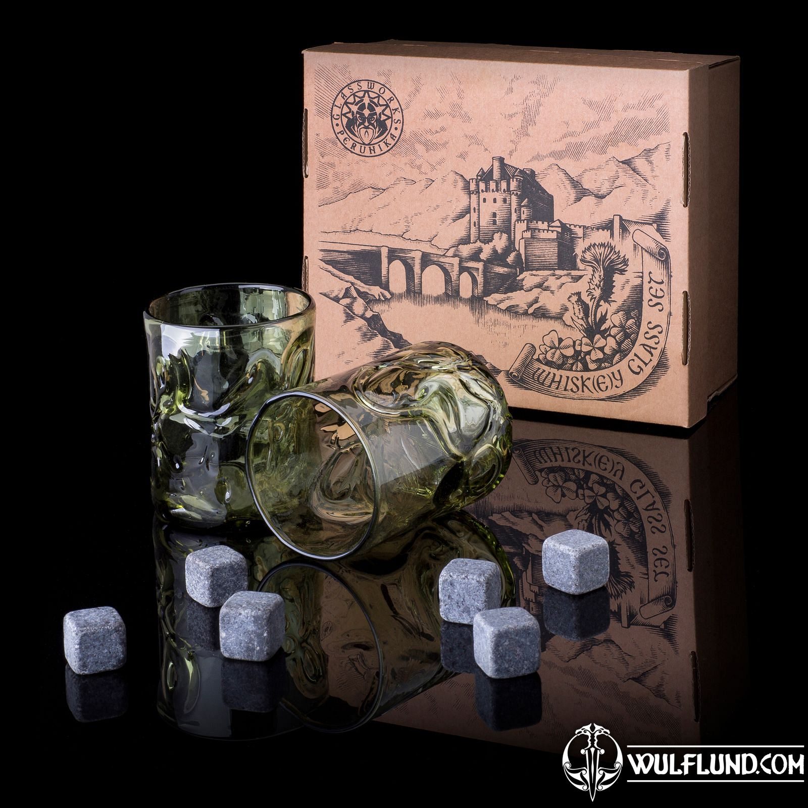 WHISKEY Green Glass, Gift Set 2 glasses + 6 cubes Milaglass historical ...