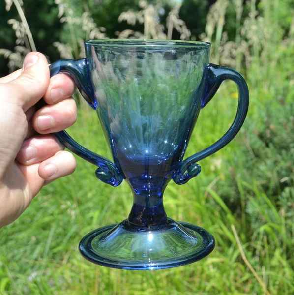 GLASS CHALICE, blue glass Milaglass historical glass Feasting Wulflund