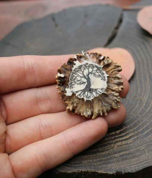 TREE OF LIFE, engraved antler pendant, scrimshaw Wulflund