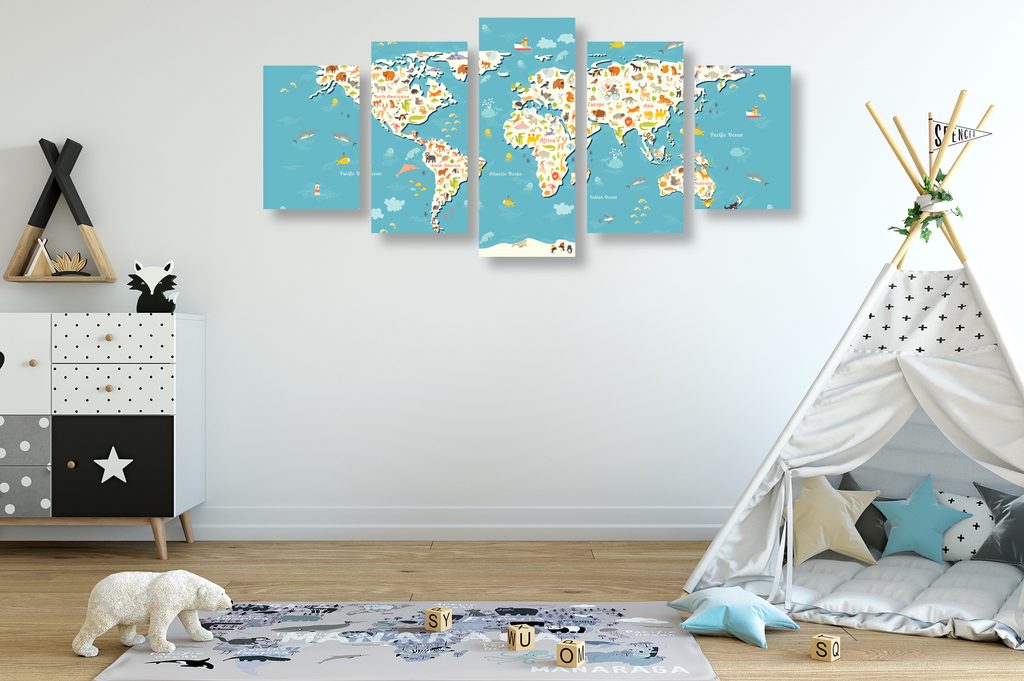 5-teiliges Wandbild Weltkarte für Kinder mit Tieren | Dovido.de
