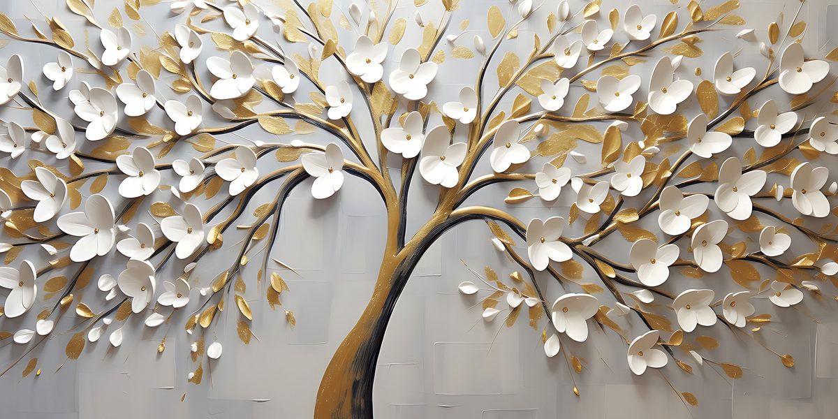 Wandbild Goldener Baum mit Blumen | Dovido.de