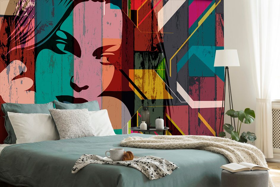 Tapet autoadeziv portretul unei femei pe un fundal colorat | Dovido.ro
