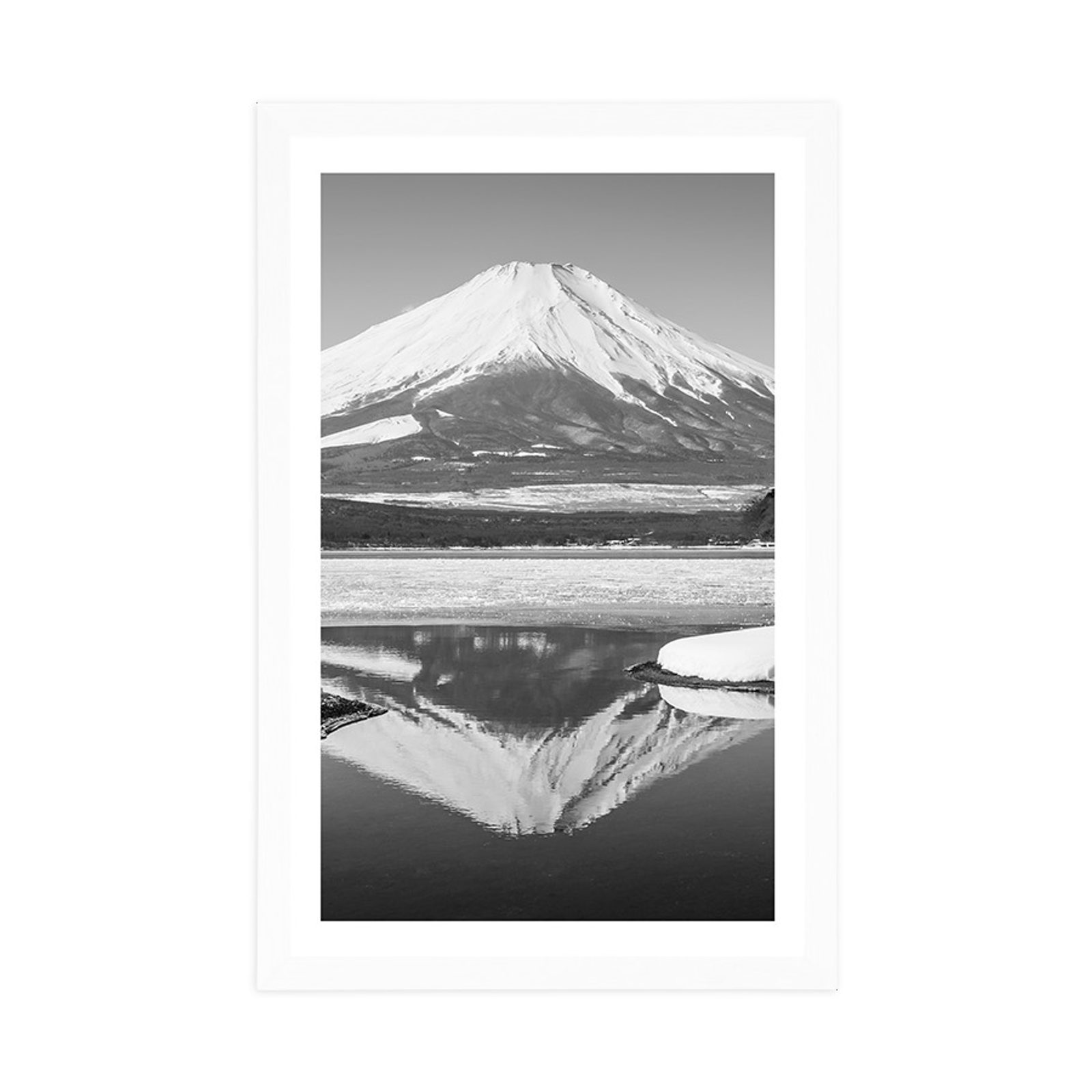 Plagát s paspartou japonská hora Fuji v čiernobielom prevedení ...