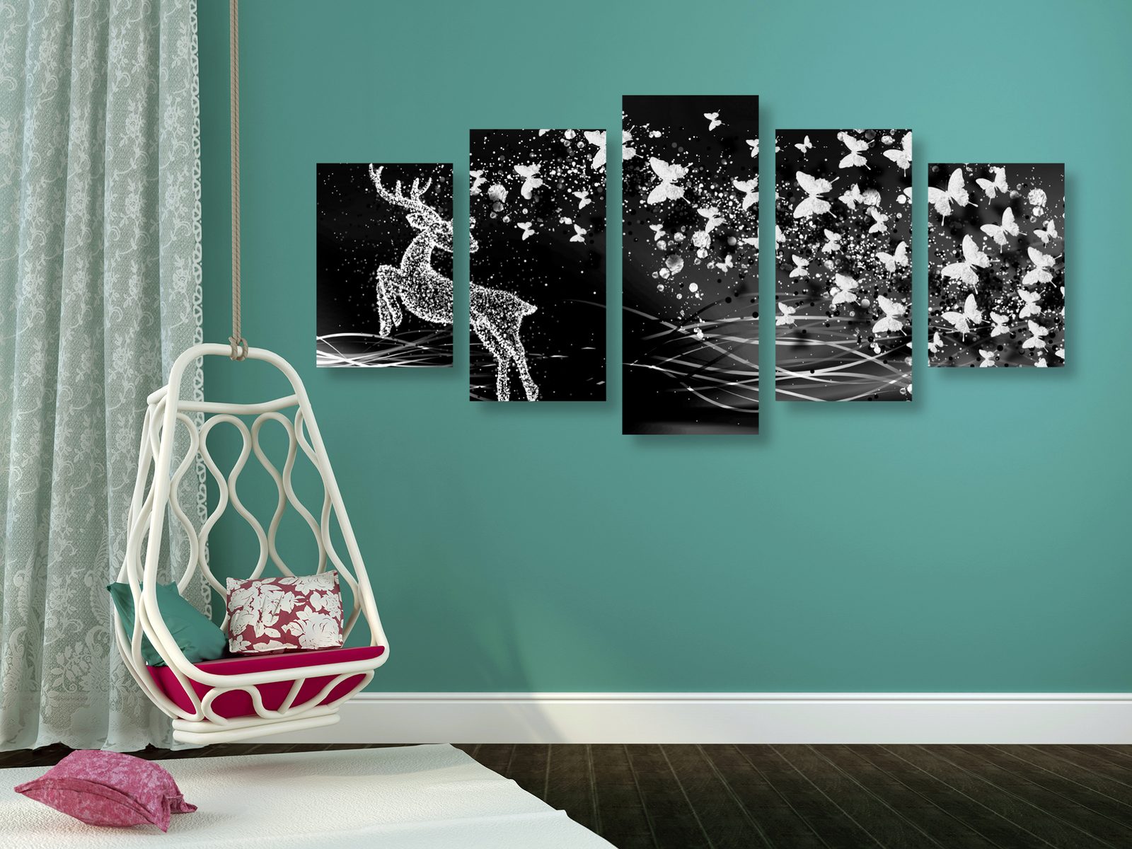 5 részes kép szarvas lepkékkel fekete fehérben | Dovido.hu