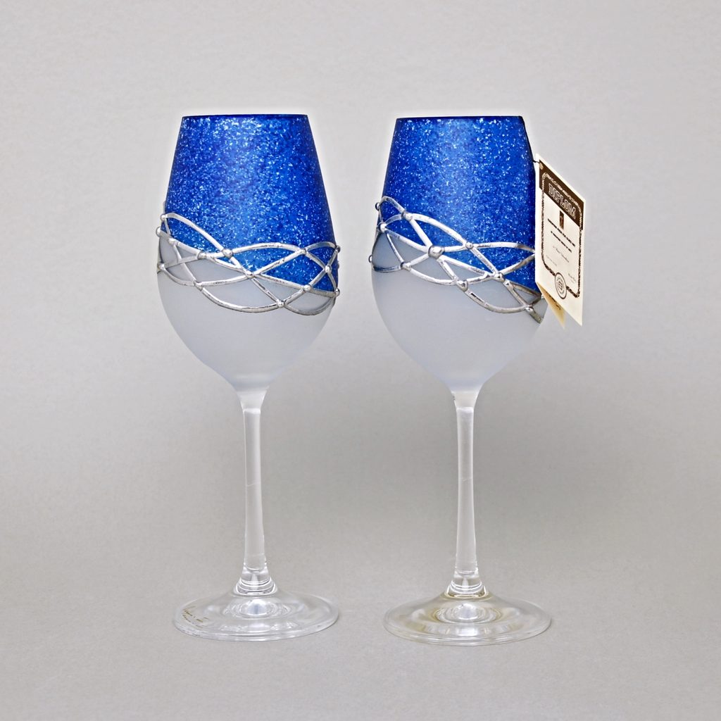 Studio Miracle: Wine Glasses, 2 pcs. 250 ml, Blue + Tin, Hand-decorated ...