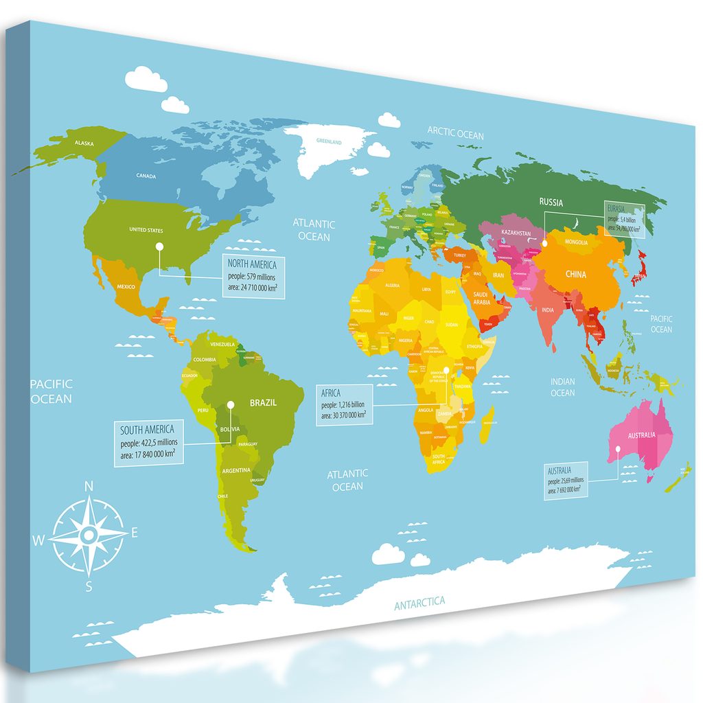 Obraz mapa sveta s popisom jednotlivých kontinentov - Nostre.sk