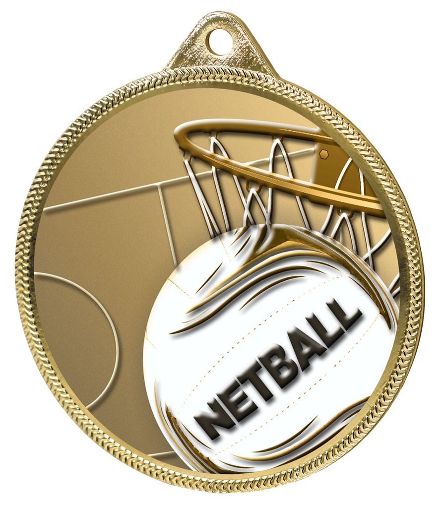 Netball 3D Texture Print Antique Colour 55mm Medal - Gold | Trophy Monster