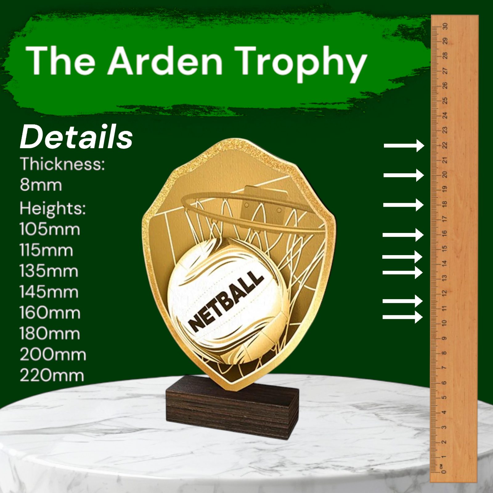 Arden Classic Netball Real Wood Shield Trophy | Trophy Monster