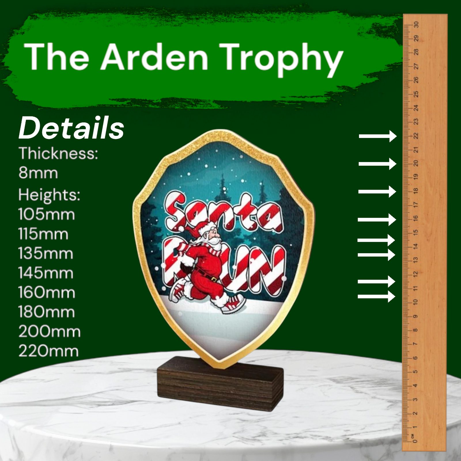 Arden Chestnut Santa Run Real Wood Shield Trophy | Trophy Monster
